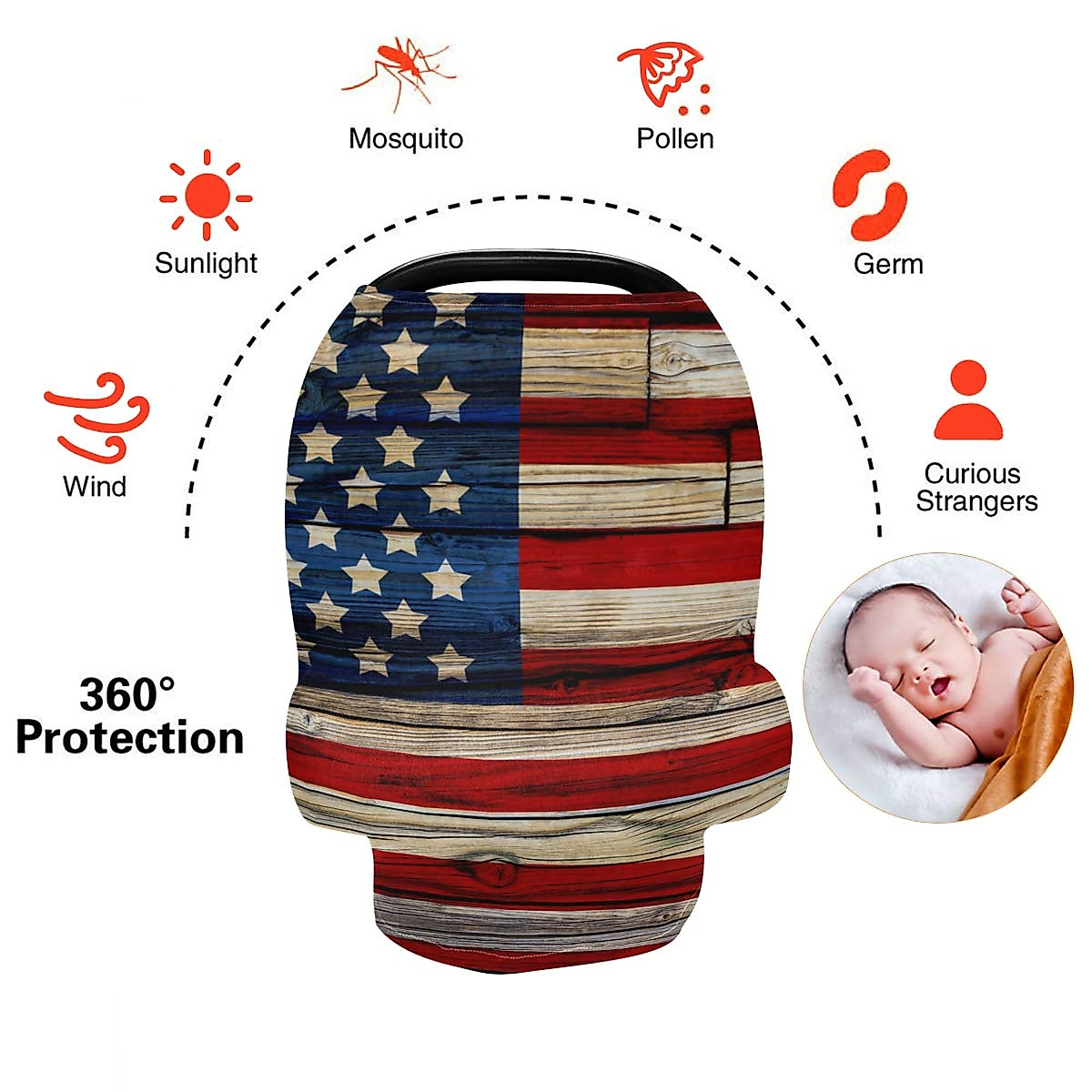 Baby Carseat Cover Canopy Breastfeeding Cover - Old Painted American Flag Nursing Cover Blanket Breathable Baby Girl Stroller Cover Baby Shower Gifts for Girl Boy