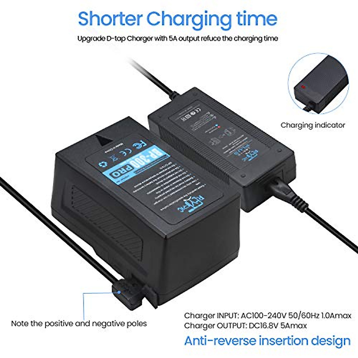 REYTRIC Upgrade 300Wh(20400mAh) V Mount/V-Lock Battery with Upgrade 5A Output D-tap Charger and D-Tap Cable