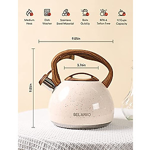 Tea Kettle, 2.7 Quart BELANKO Teapot for Stovetops Wood Pattern Handle with Loud Whistle Food Grade Stainless Steel Tea Pot Water Kettle - Cream White