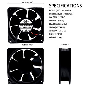 SXDOOL 12038 120mm x 38mm 3000rpm High Airflow CFM 12V 3pin FG DC Brushless Ball Bearing Cooling Fan