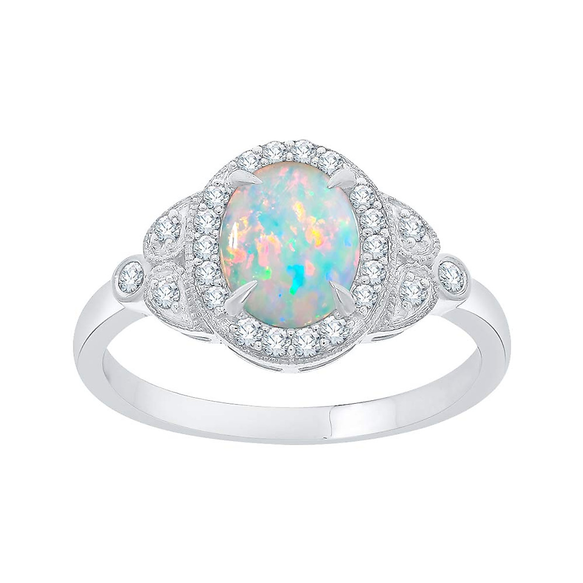 KATARINA Diamond and Oval Cut Opal Fashion Ring in Sterling Silver (1 cttw, J-K, SI2-I1) (Size-6)