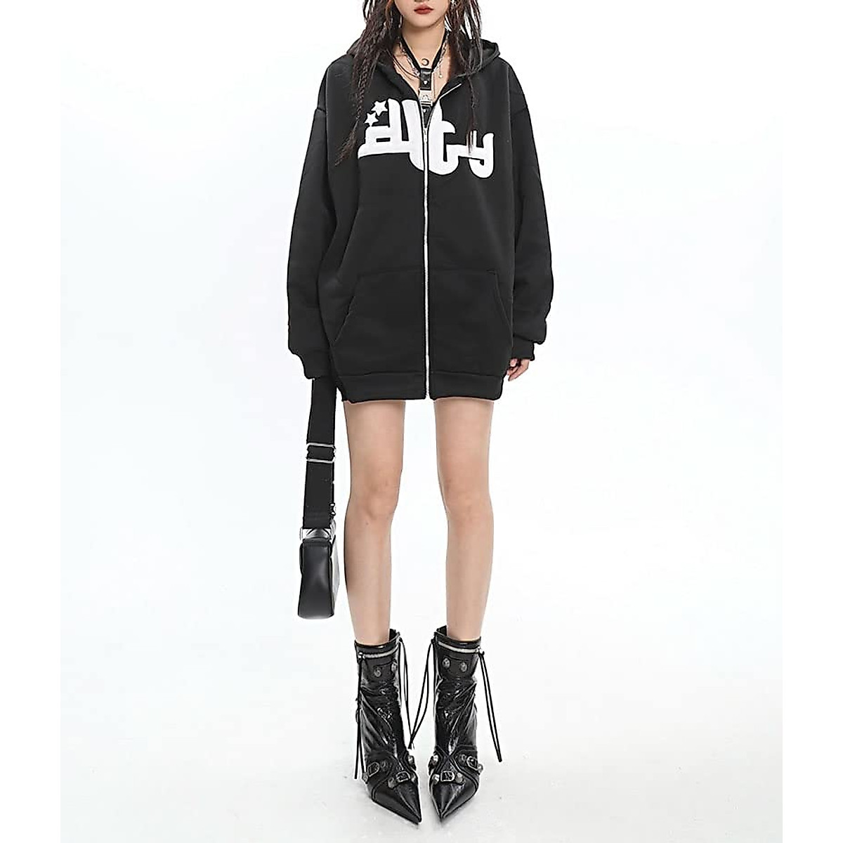 GAI Y2K Full Zip Up Hoodie Women Men Skeleton Skull Gothic Grunge Oversized Aesthetic Sweatshirts Emo Alt Jacket Clothes (L,2-Black)