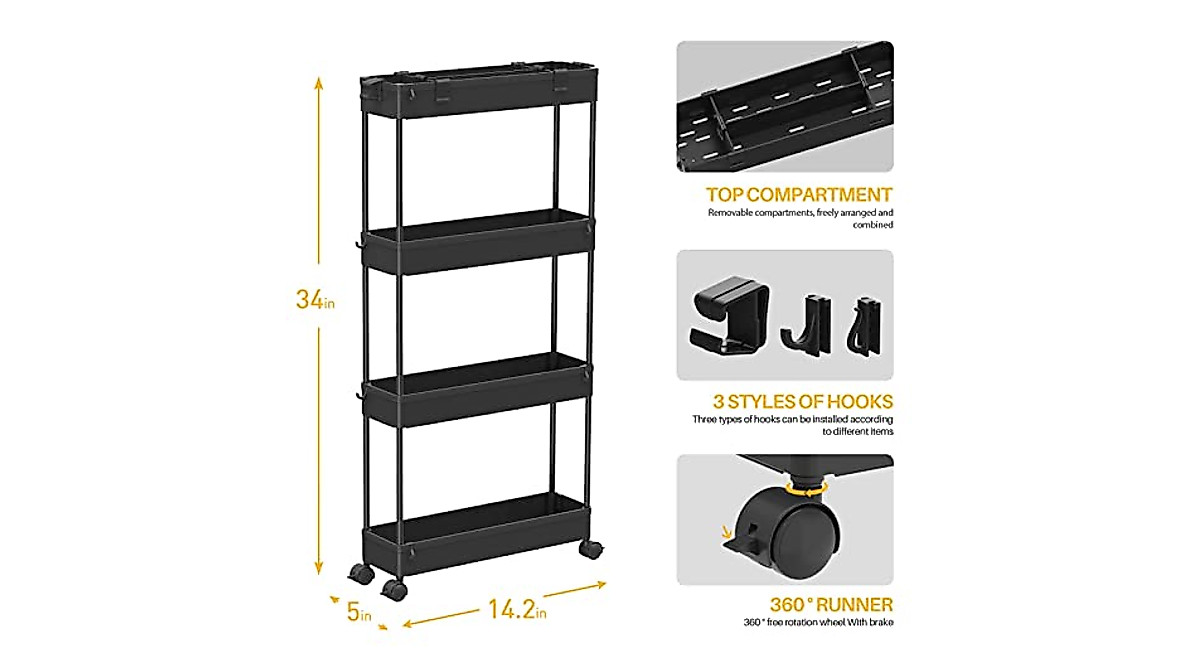 SPACELEAD Slim 4-Tier Rolling Storage Cart - Organize Small Spaces