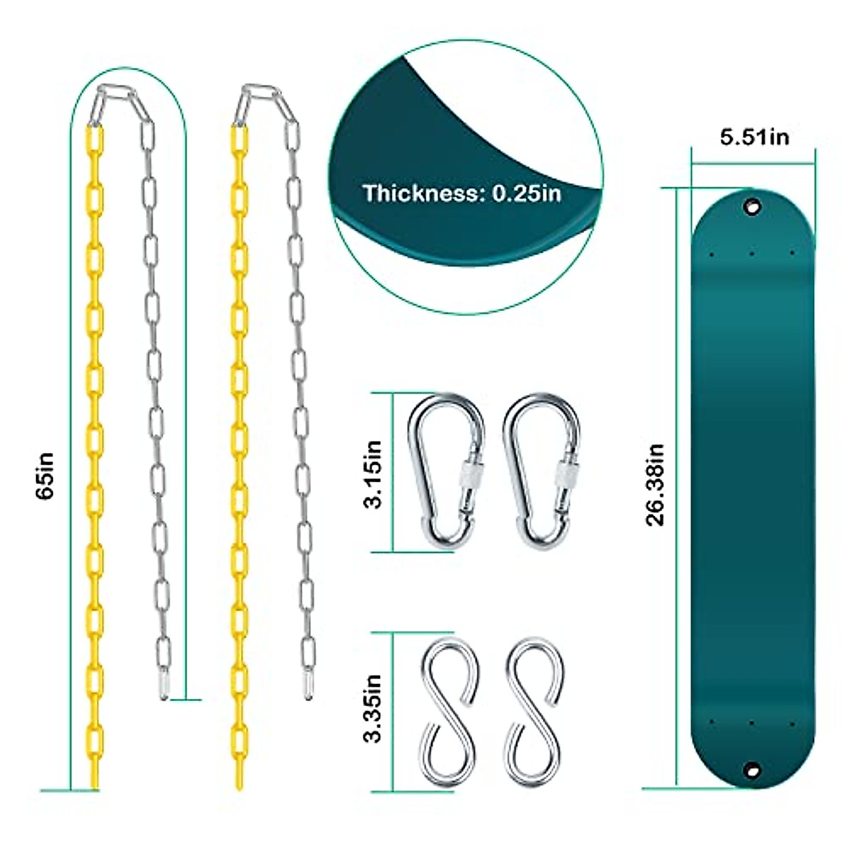 Highpro Swings Seats Heavy Duty with 65 Inches Chain Plastic Coated and 2 Hooks, Playground Swing Set Accessories Replacement, Support 250lb (Green)