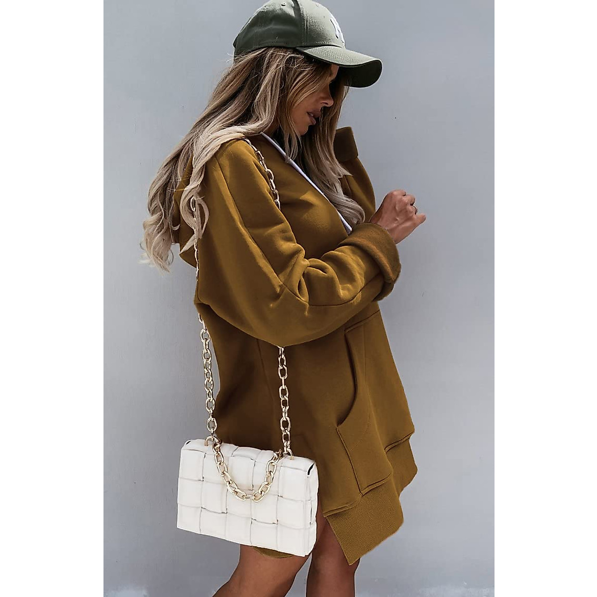 PRETTYGARDEN Women's Casual Pullover Sweatshirt Long Sleeve Split Hem Hoodie Dress with Kangaroo Pocket (Dark Khaki,X-Large)