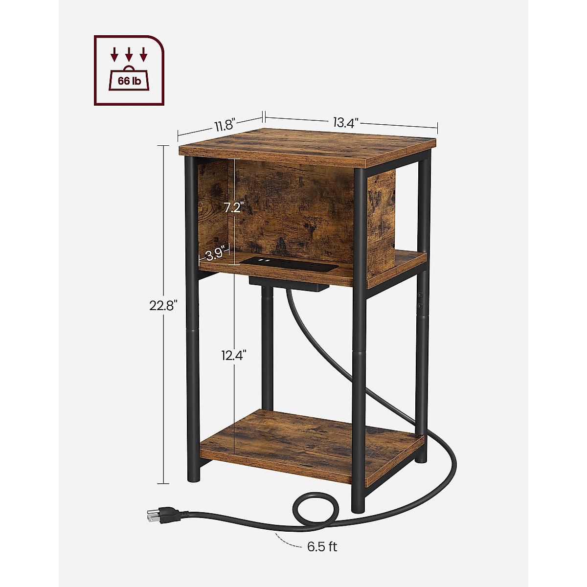 VASAGLE Side Table with Charging Station, 3-Tier End Table with USB Ports and Outlets, Nightstand for Living Room, Bedroom, 11.8 x 13.4 x 22.8 Inches, Plug-In Series, Rustic Brown and Black ULET373B01