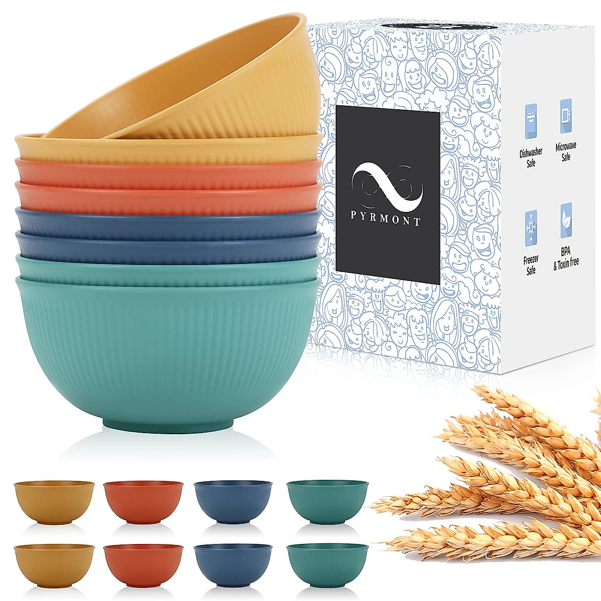 PYRMONT 26 OZ Plastic Bowls-Soup Bowls, Bowl Set of 8, Cereal Bowl, Small Bowls, Wheat Straw Bowls, Bowls for Kitchen,Unbreakable Kids bowls, Dishwasher & Microwave Safe Bowls, BPA-Free
