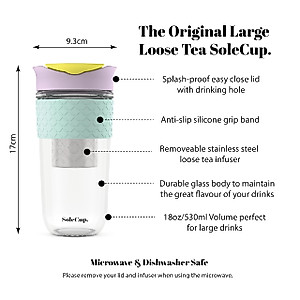 SoleCup. Large Travel Mug Loose Tea Infuser - Detachable Tea Strainer with Spill Proof Lid - 18oz/530ml BPA-Free Reusable Glass Travel Coffee Cup with Silicone Band (Ice-Cream)