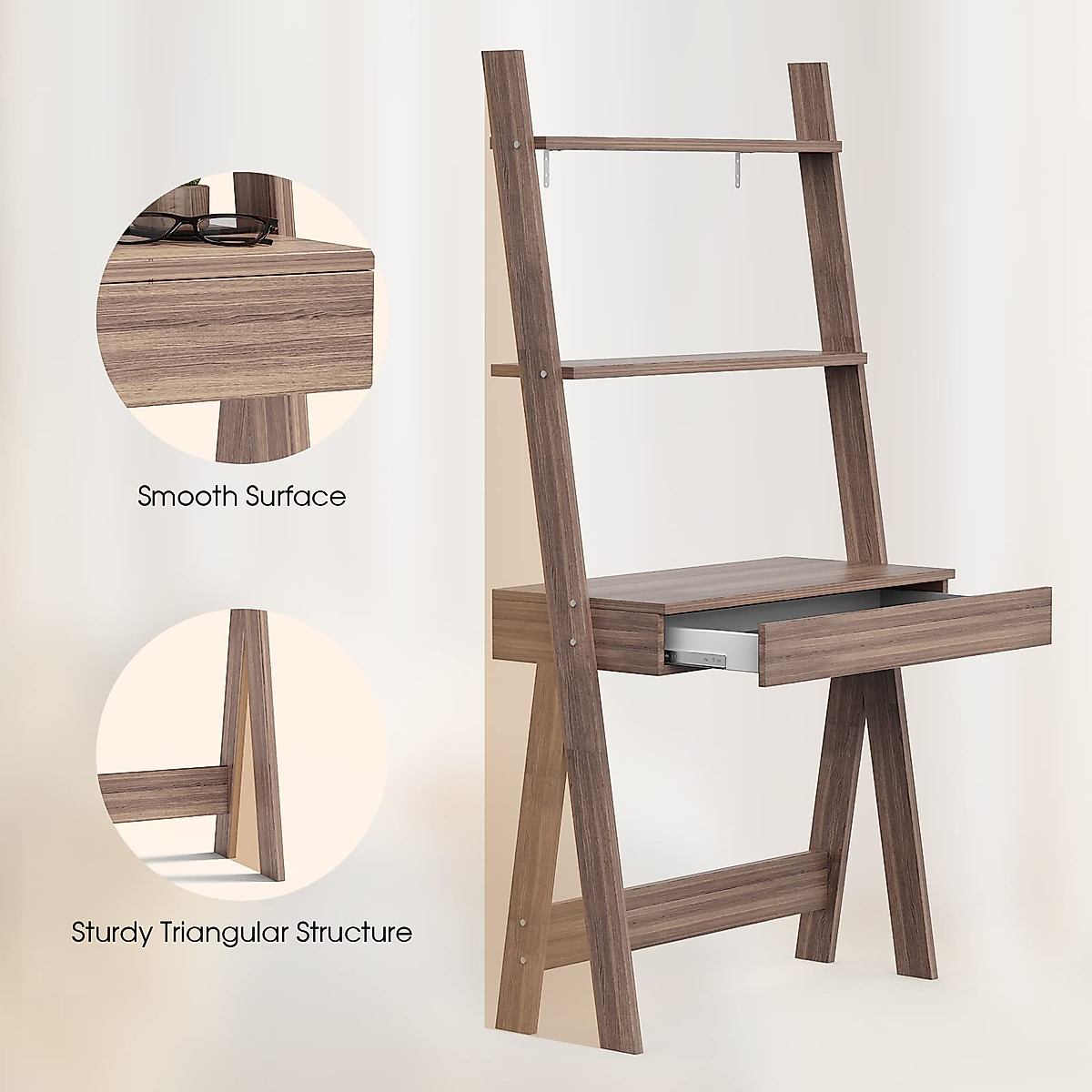 Giantex 3 Tier Ladder Desk with Drawer, 33" Width Walnut Ladder Shelf with Anti-Tipping Device, Freestanding Bookshelf, Leaning Computer Desk with Shelves for Small Space