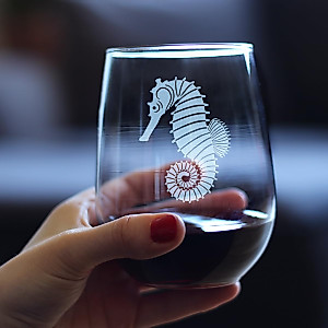 Seahorse Stemless Wine Glass - Unique Beachy Summer Gifts and Beach House Decor - Large 17 Oz Glasses