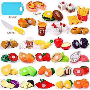FLY2SKY 60 Pcs Play Food Toys for Kids Kitchen Pretend Play Accessories Cutting Toys Fruits Food Cake Play Set Christmas Birthday Gifts for Girls Boys Toddlers Learning Toys with Storage Bag