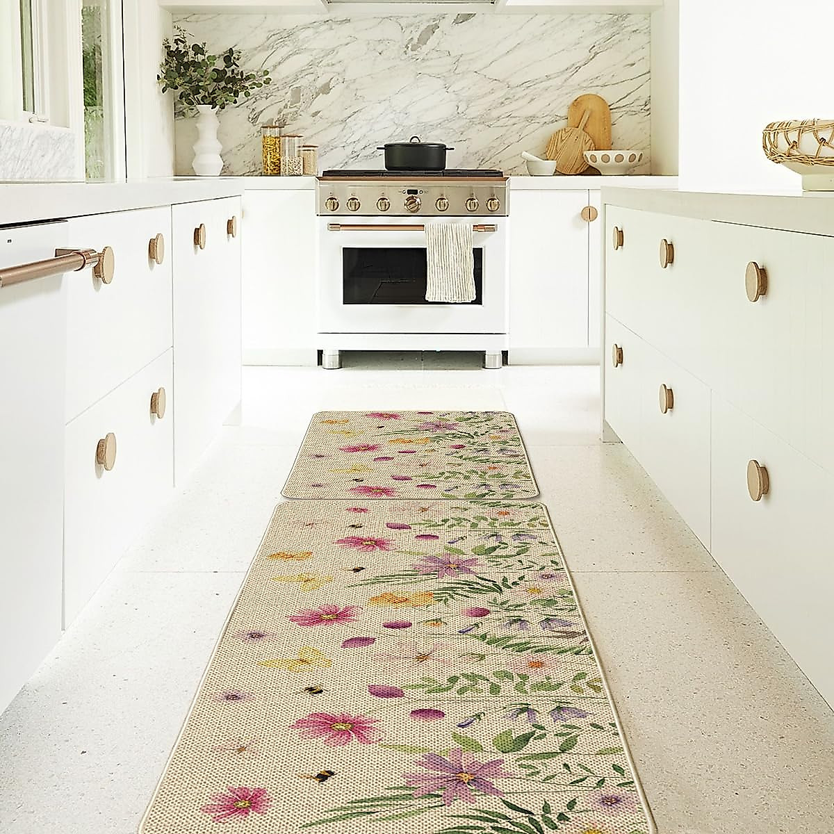 Artoid Mode Flowers Lavender Spring Kitchen Mats Set of 2, Summer Home Decor Low-Profile Kitchen Rugs for Floor - 17x29 and 17x47 Inch