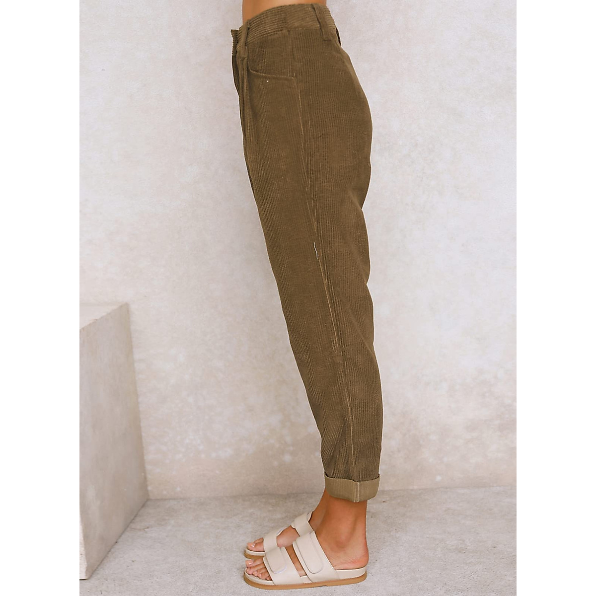 Acelitt Women's Corduroy Pants Trousers High Waisted 2024 Casual Trendy Comfy Fall Straight Leg Cropped Pants Brown Large