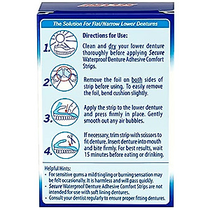 Secure Comfort Strips Waterproof Denture Adhesive - Customizable Fit, Extra Firm All Day Strong Hold for Lower Dentures - Zinc Free - 120 Strips (8 Pack)