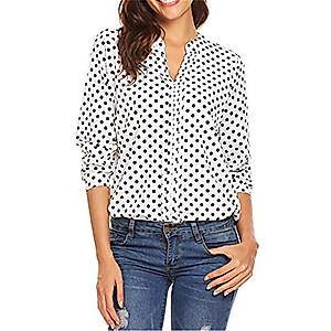 Andongnywell Women's V Neck Dot Printed Blouse Long Sleeve Shirt Office Work Roll Sleeves Blouse Shirts Tops Tunics (White,3,Large)