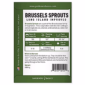 Brussels Sprouts Seeds for Planting - Long Island Improved Heirloom, Non-GMO Vegetable Variety- 800 mg Approx 225 Seeds Great for Summer, Fall, and Winter Gardens by Gardeners Basics