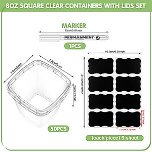 Jinei 50 Pcs Plastic Deli Containers with Lids Clear Square Food Storage Containers Stackable Airtight Square Container with Lids with 9 Labels and Marker for Kitchen Storage Meal Take out (8 oz)