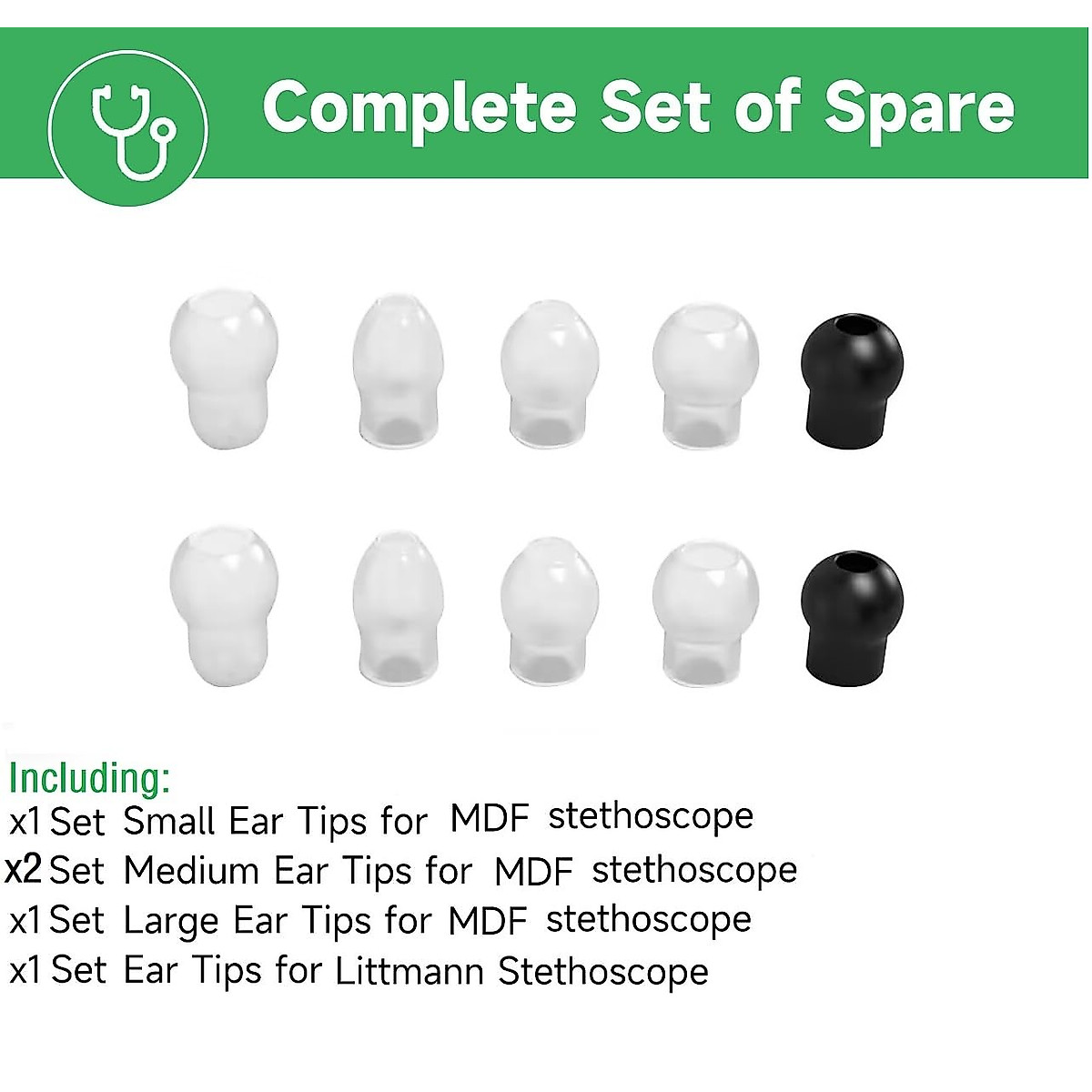 5 Pairs 3 Sizes(S/M/L) MDF Stethoscope Ear Tip Pieces Earplug Replacement Parts, Soft Silicone Prestige ADC Stethoscope Eartip Earbuds Spare Part, Bonus 2Pcs Ear Bud Cover for Littmann Stethoscope