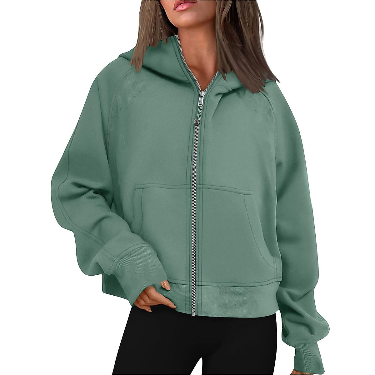 MRGIINRI Black Fashion Friday Deals Womens Hoodies Casual Zip Up Fleece Cropped Sweatshirts 2023 Fall Outfits Clothes Thumb Hole
