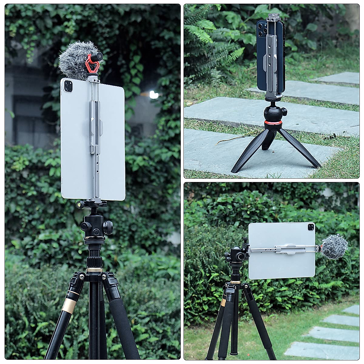 ARNARKOK Metal Tablet Tripod Mount, 7.9-12.9in Ipad Holder, Rotatable Cold Shoe, 2 Acra Swiss QR Bracket, Universal Tablet Mount for Video Recording