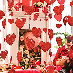 GETTERB 8 Pack Red Heart Garland Banner Mother's Day Decorations, Two Size Red Heart Hanging Streamers Red Glitter Paper for Valentine's Day Mother's Day Wedding Bridal Birthday Party