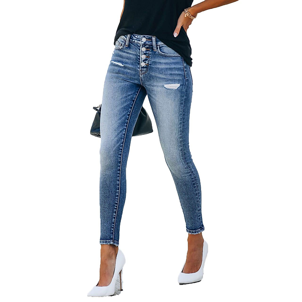 Allimy Women's High Waist Skinny Stretch Ripped Jeans Destroyed Denim Pants 12