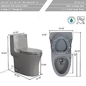 One Piece Toilet Dual Flush Elongated Standard Modern Toilet 1.1/1.6 GPF Soft Close Seat Save Water Powerful & Quiet - Gray, 27.5"D x 14"W x 28.6"H
