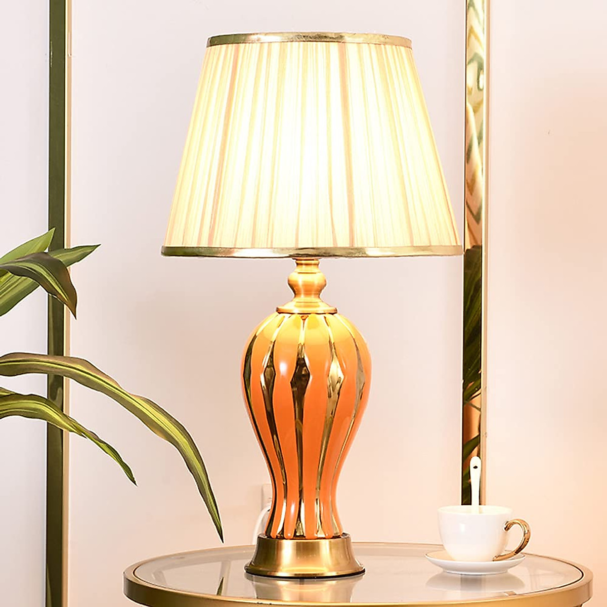 GaRcan Bedroom Bedside Lamp Porcelain Table Lamp with Pleated Fabric Lampshade Modern Living Room Desktop Lamp Mid Century Art Deco Mini Floor Lamps Night Lights for Kids Room