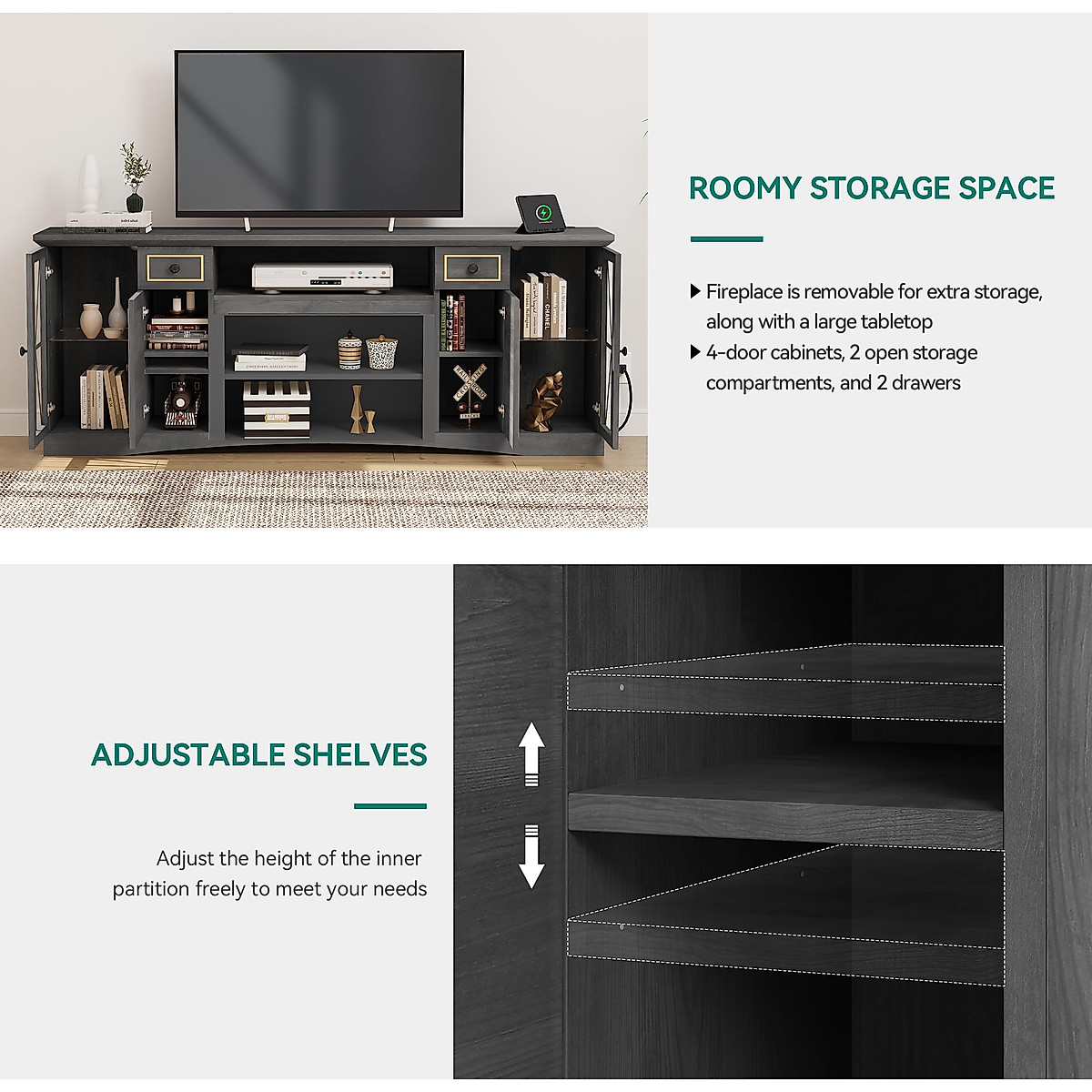 YITAHOME 70 Inch Entertainment Center with Electric Fireplace for TVs up to 80", LED Lights Fireplace TV Stand with Storage for Living Room, Farmhouse TV Stands with Storage Drawers (Dark Grey)