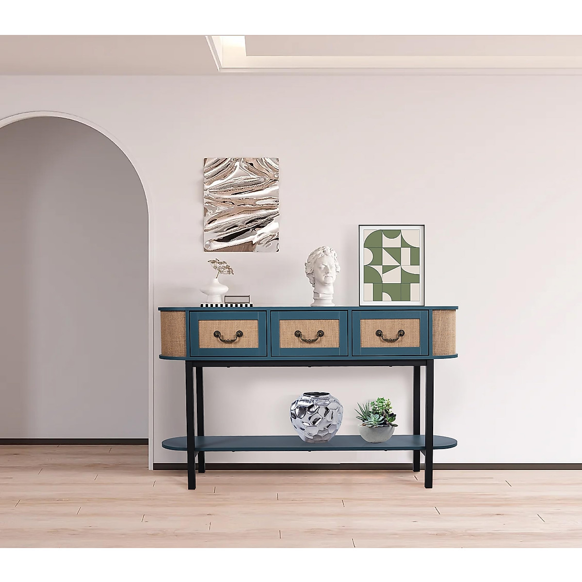 FurSch Rattan Entryway Table with Storage, Narrow Oval Console Table with Drawers,Blue 53.6" Long and Slim Couch Table Behind Sofa for Living Room Hallway Entrance Foyer