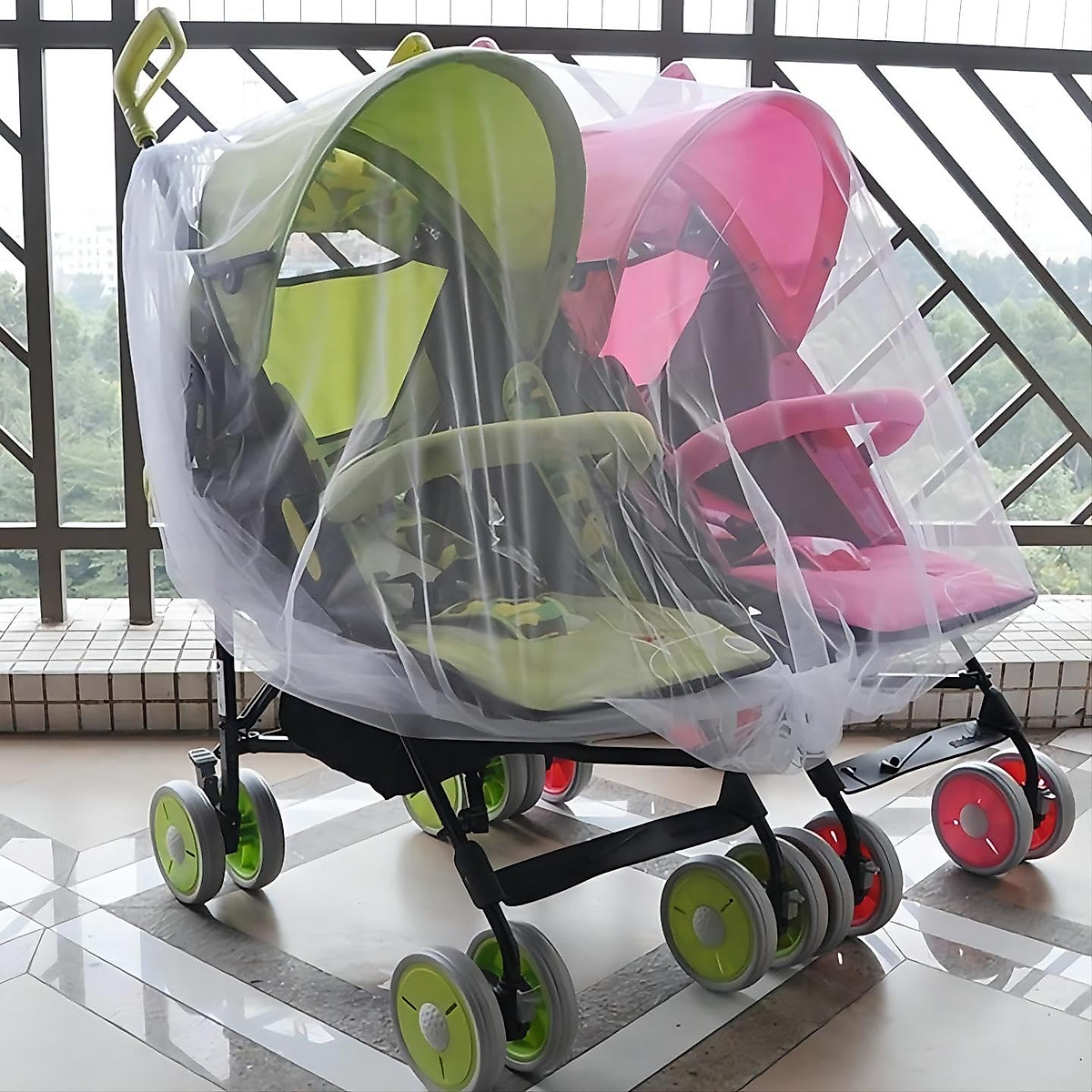 Mosquito Net for Baby Double Strollers,Carriers, Cradles, Car Seats,Universal Size, Insect Bug Netting Buggy Cover,Twin/Tandem Stroller Cover, White, Weather Protection,with Stroller Hooks