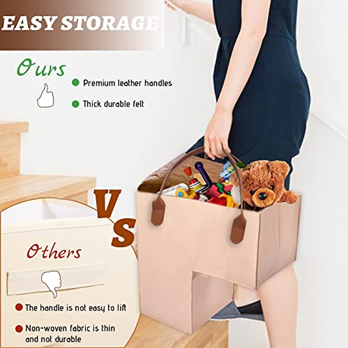 2 Pack Stair Basket with Handle, Foldable L-Shape Felt Storage Basket with 4 Pcs Supporting Insert for Carpeted Stairs, Large Staircase Organizer with Handle for Toys, Laundry, Household Items (Beige)