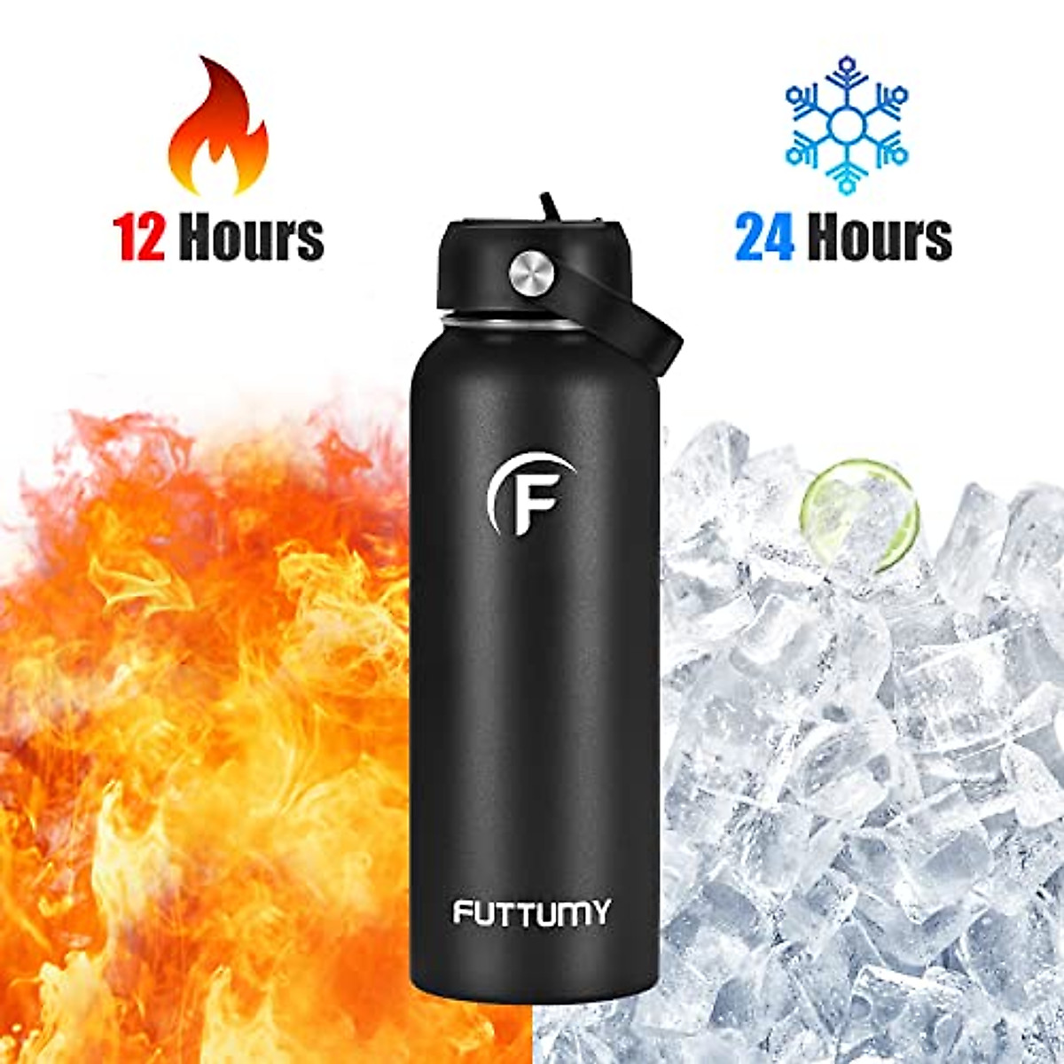 Futtumy Stainless Steel Water Bottle with Straw, 40oz Water Bottle with Spout Lid and Straw Lid, Double Wall Vacuum Insulated Water Bottle, Thermal Bottle for Sports, Travel, School, Gym (Black)