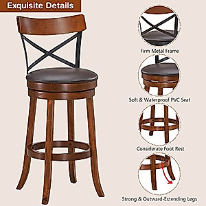 COSTWAY Bar Stool Set of 2, 360-Degree Swivel Solid Wood Stools with Soft Cushion & Backrest, 29.5”Height Kitchen Counter Bar Stools for Kitchen Island, Pub, and Restaurant (2, 29in)