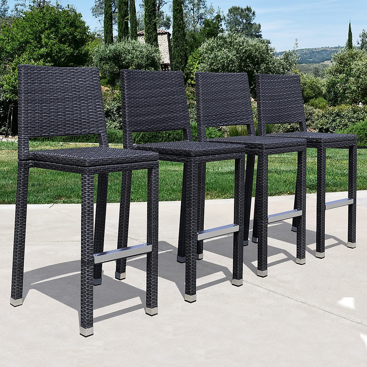 CAELUM 30" Bar Height Outdoor Patio Stools Set of 4, Modern Hand-Woven Wicker Barstools with Mid-Backrest & Footrest, Durable Aluminum Frame Armless Bar Chair for Garden, Backyard, Pool, Lawn, BS046