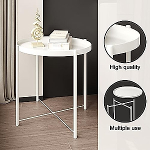 Fixwal End Table, Folding Metal Side Table White Small Coffee Table Sofa Side Table with Removable Tray for Living Room Bedroom Balcony and Office