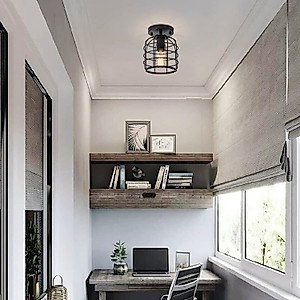 Industrial Black Semi Flush Mount Ceiling Light, Farmhouse Mini Cage Ceiling Lighting Fixture, Vintage Caged Ceiling Lamp for Entryway, Kitchen, Bedroom, Laundry Room, Hallway, Dining Room