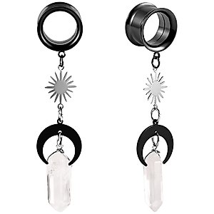 Maxbott 2PCS Moon-Pendant Natural Stone Stainless Steel Dangle Ear Plugs Tunnels Stretcher Piercing Body Jewelry (10mm(00G), Black)