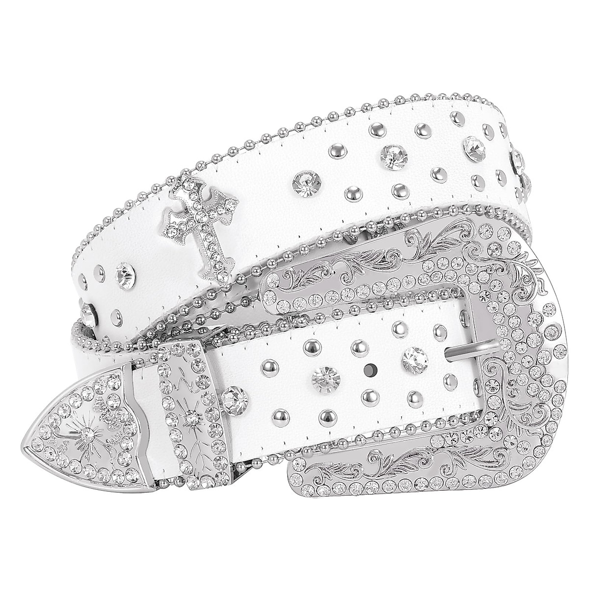 Women Men Rhinestone Belt,Fashion Western Cowgirl Cowboy Bling Studded Cross Leather Belt Diamond Belt for Jeans Dress,White,M