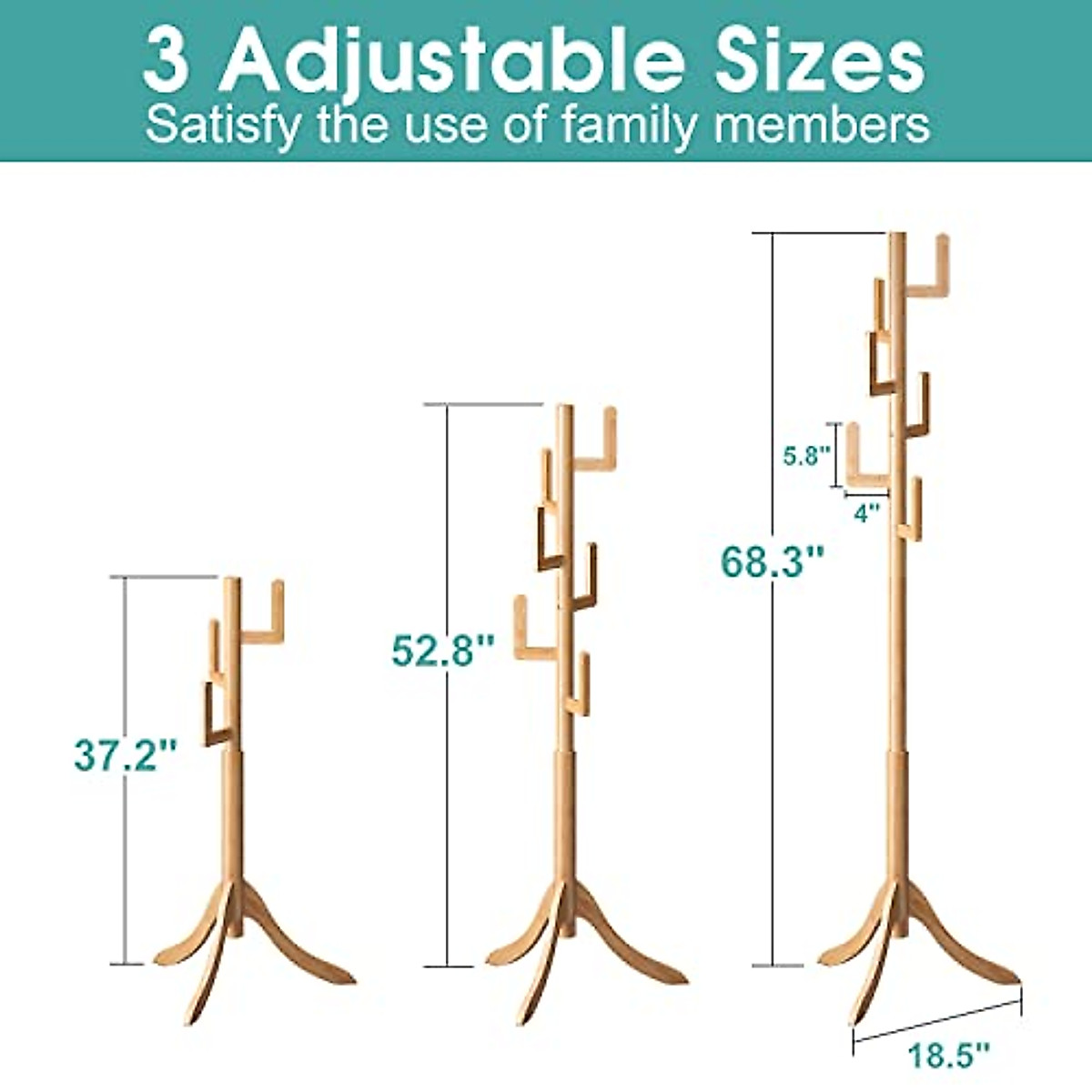 Vriccc Coat Rack Freestanding, Bamboo Cactus Coat Tree, Adjustable Height Wooden Coat Stand with 6 Hooks, kids coat rack, Used In The Bedroom Living Room, Office To Hang Clothes, Hats, Bags