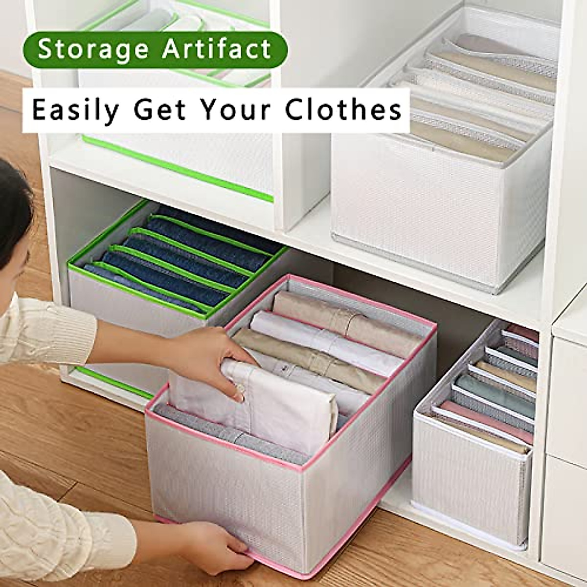 EIIXMSO Wardrobe Clothes Organizer and Storage with Support Board - 2 Pcs of 7 Grids , Large Foldable Closet Drawer Storage Boxes for Jeans T-shirt Pants Legging (Green)