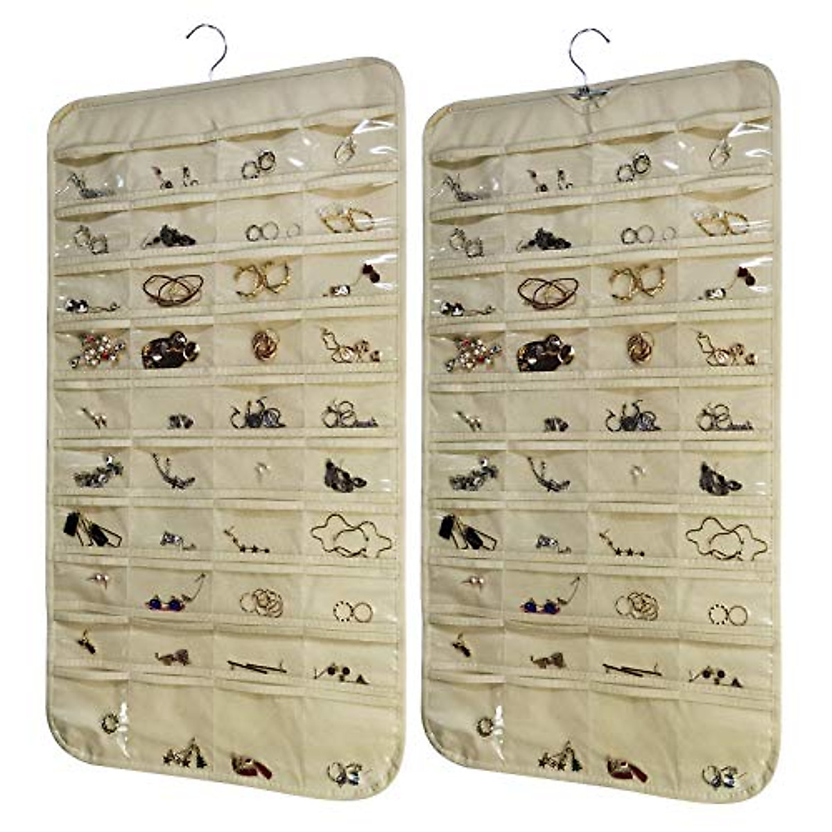 WIFTREY 2 Pack Hanging Jewelry Organizer with 80 Pockets,Double Sided Closet Earring Storage for Necklace Bracelet with Hanger,Beige