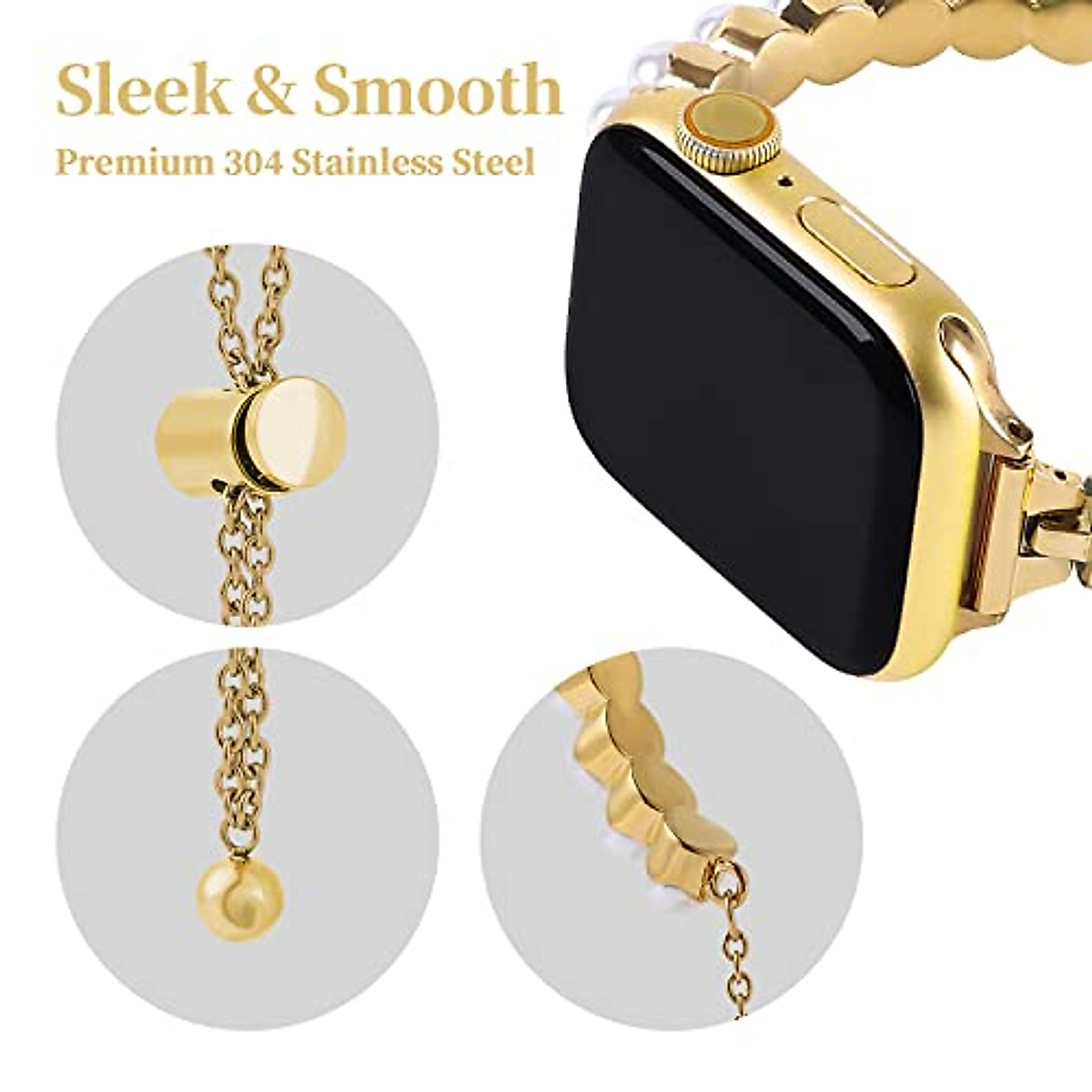 WONMILLE Gold Bracelet Compatible with Apple Watch Band 38mm 40mm 41mm Women, Slim Dressy Design Jewelry Metal Strap Stainless Steel Bling Bangle for iWatch Series 8/7/SE/6/5/4/3/2/1 (Peal Gold)