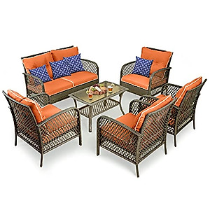 PHIKOOVA 6-Piece Wicker Patio Conversation Furniture Sets w/ 4 Pillows, Orange Outdoor Patio Furniture Set w/Table, All Weather PE Rattan Porch Outdoor Chairs, Brown Wicker/Orange Cushions