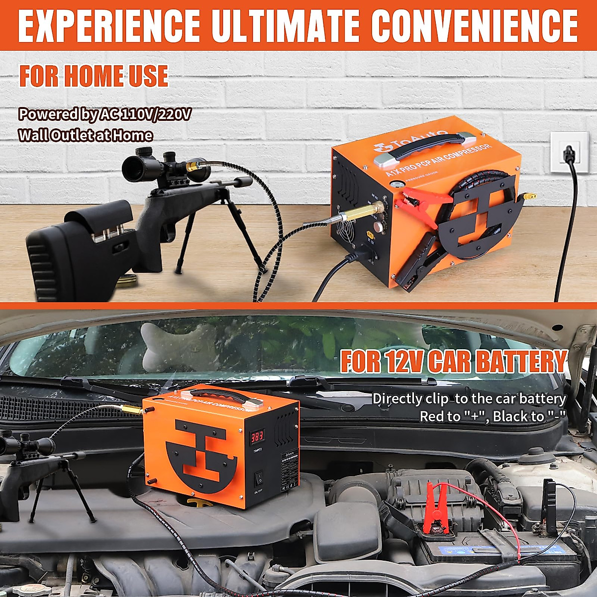 TOAUTO A1X-PRO PCP Air Compressor,4500Psi 30Mpa, Wire Spool Portable Design, Built-in Converter, Water/Oil-Free, One Button Start, Bursting disc, by 110V AC or 12V Car Battery (Manual Stop Version)