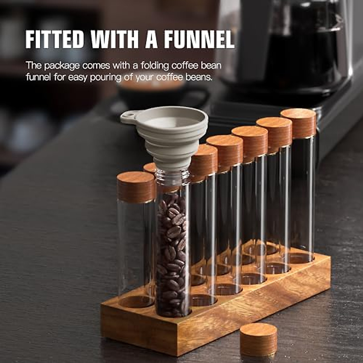 Coffee Bean Cellars with Stand & Hopper, Single Dose Coffee Bean Storage, 12 Pcs Espresso Bean Container with Wooden Holder, Dosing Glass Vials with Lids and Funnel for Tea, Coffee, Spices