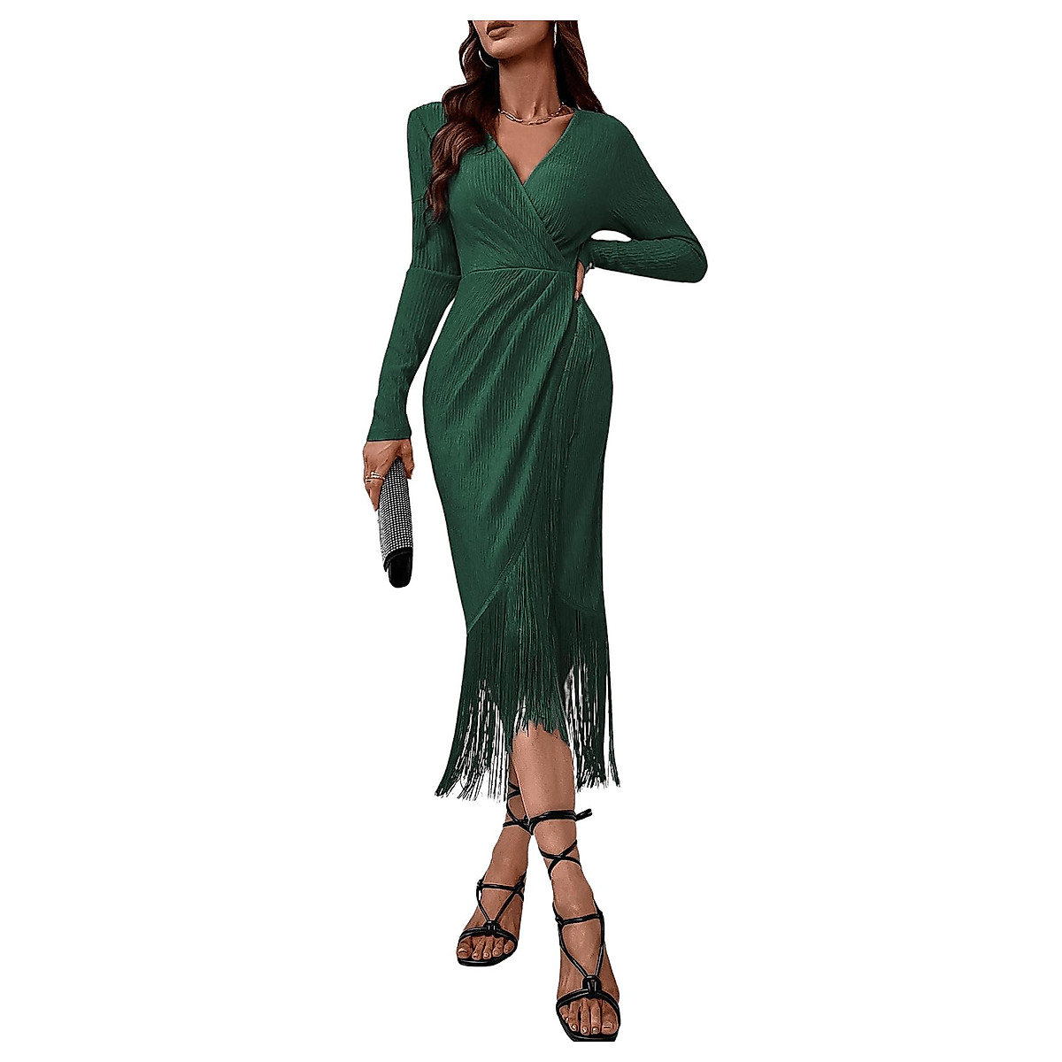 WDIRARA Women's Fringe Wrap Ruched V Neck Long Sleeve Solid Bodycon Party Maxi Dress Dark Green XL