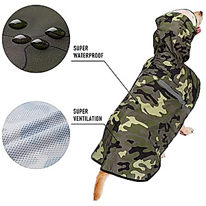 Dog Raincoat with Adjustable Belly Strap and Leash Hole - Hoodie with Reflective Strip - Waterproof Slicker Lightweight Breathable Rain Poncho Jacket for Medium Large Dogs - Easy to Wear