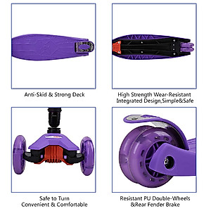 ChromeWheels Scooters for Kids, Deluxe Kick Scooter Foldable 4 Adjustable Height 132lbs Weight Limit 3 Wheel, Lean to Steer LED Light Up Wheels, Best Gifts for Girls Boys Age 3-12 Year Old, Purple