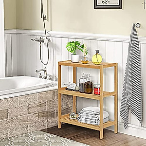 HLXZN 3 Tier Bamboo Shelf Storage Organizer Rack Toilet Utility Shelves Standing Shelf Units for Bathroom, Living Room, Kitchen